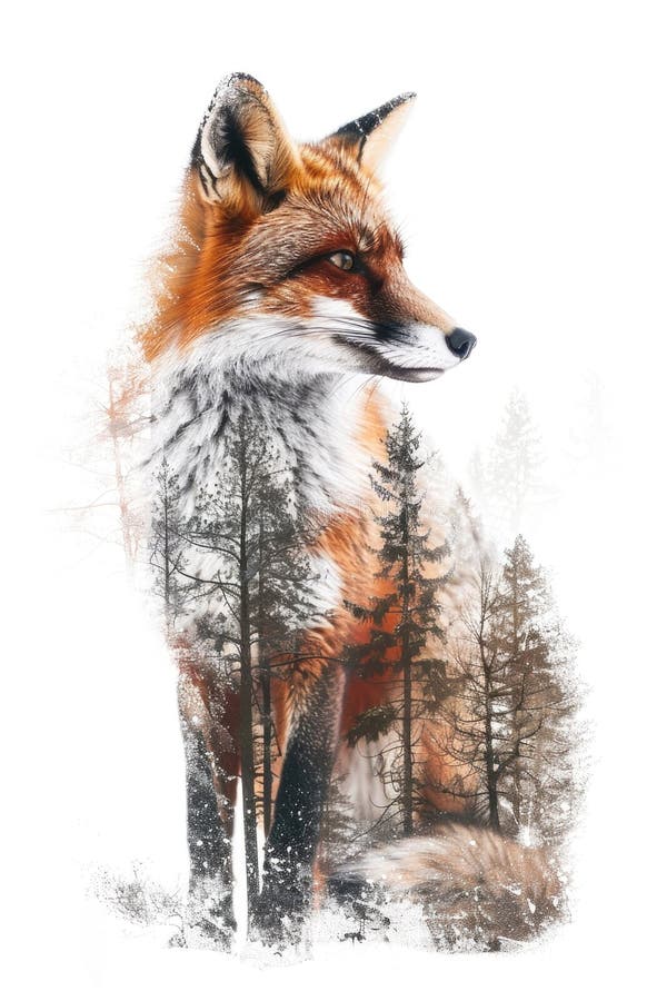 Majestic Double Exposure Fox Blended with Forest Landscape Stock Image ...