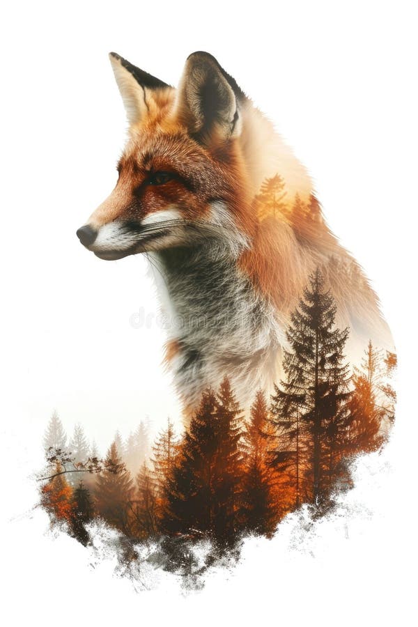 Majestic Double Exposure Fox Portrait Blending with Autumn Forest Stock ...