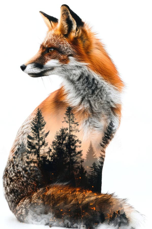 Majestic Double Exposure Fox Portrait Blending with Autumn Forest Stock ...