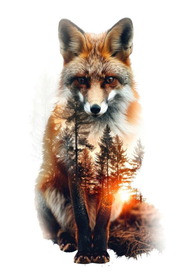 Majestic Double Exposure Fox Portrait Blending with Autumn Forest Stock ...