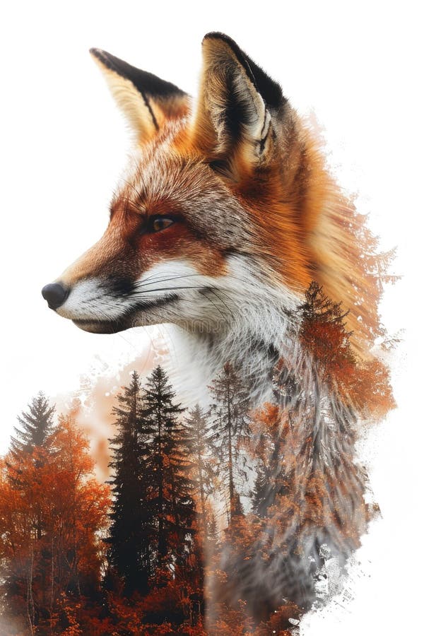 Majestic Double Exposure Fox Portrait Blending with Autumn Forest Stock ...