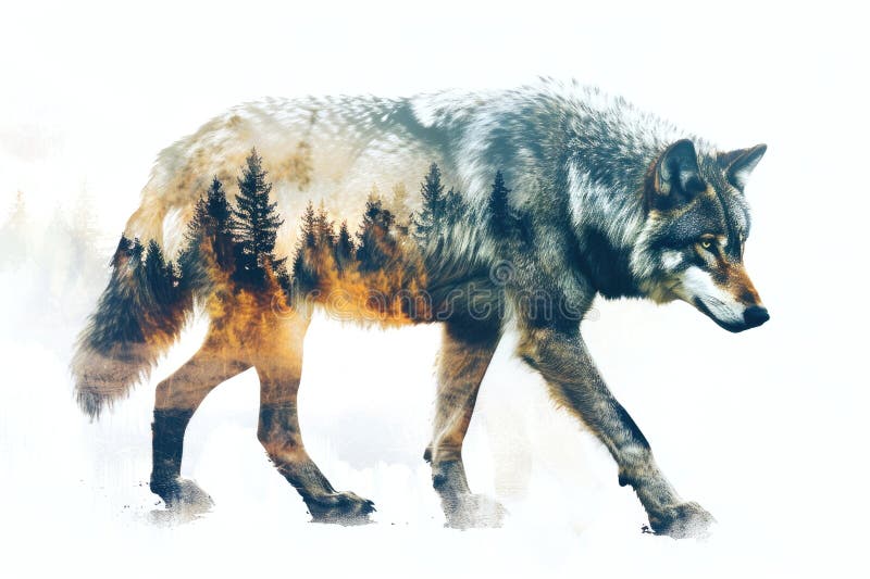 Majestic Double Exposure Wolf Blended with Misty Forest Landscape Stock ...