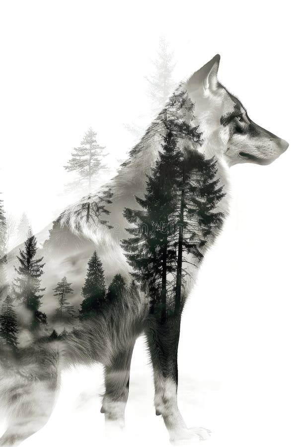 Majestic Double Exposure Wolf Portrait with Forest Landscape Stock ...