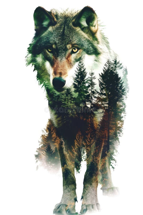 Majestic Double Exposure Wolf Portrait with Forest Landscape Stock ...