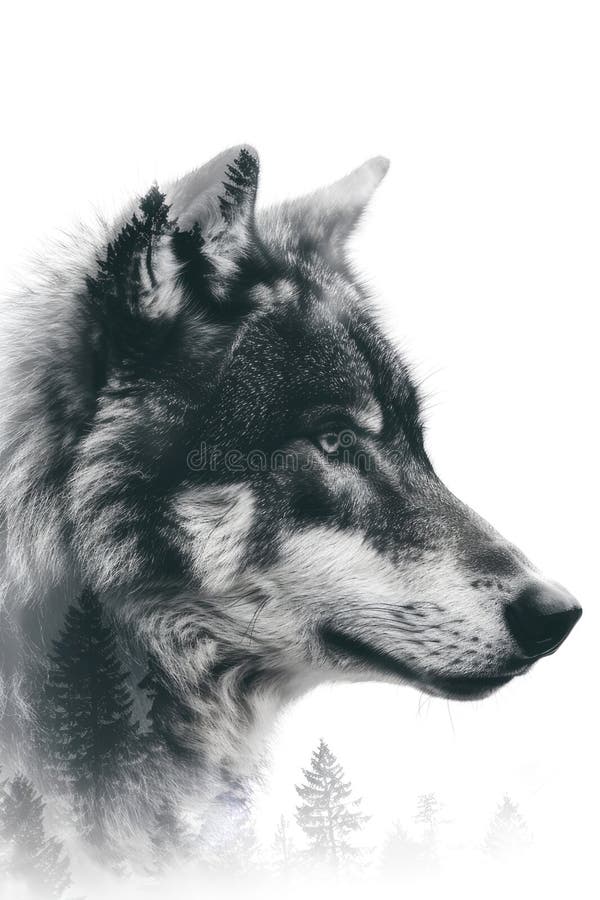 Majestic Double Exposure Wolf Portrait with Forest Landscape Stock ...
