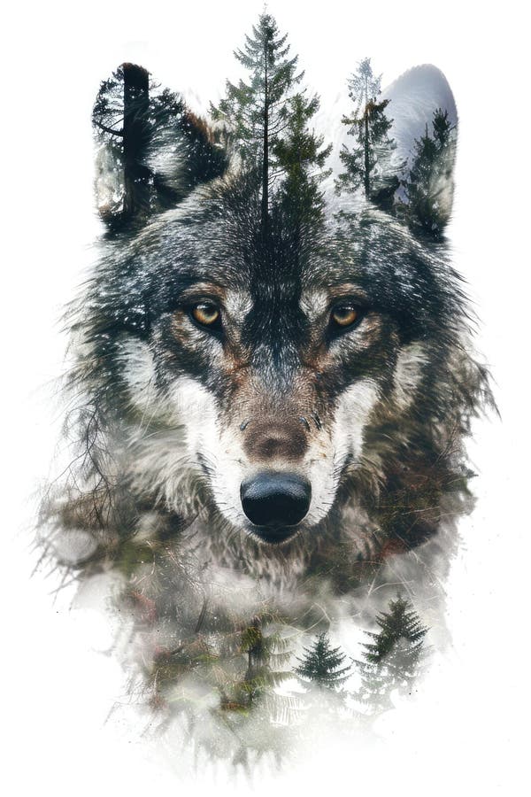 Majestic Double Exposure Wolf Portrait with Forest Landscape Stock ...