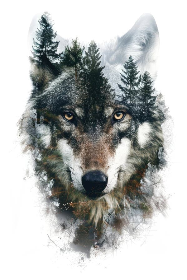 Majestic Double Exposure Wolf Portrait with Forest Landscape Stock ...