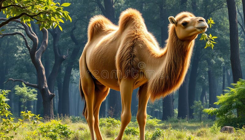 A Majestic Double-humped Camel Standing in a Dense Forest, Surrounded ...