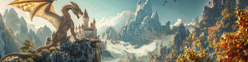 A Majestic Dragon Guarding a Mystical Castle Stock Illustration ...