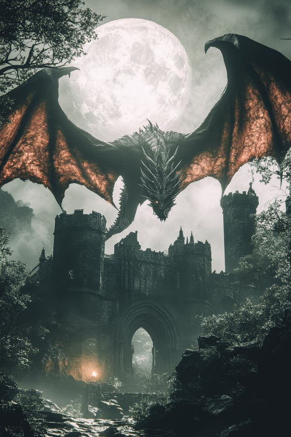 Majestic Dragon Over Medieval Castle Under Moonlight Stock Image ...