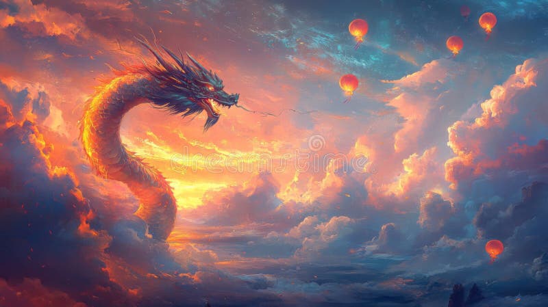 Majestic Dragon Soaring through Sunset Skies with Lanterns Stock ...