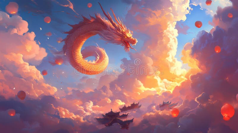 Majestic Dragon Soaring through Sunset Sky with Floating Lanterns Stock ...