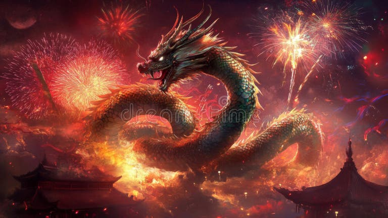 A Majestic Dragon Surrounded by Firework Displays Stock Illustration ...