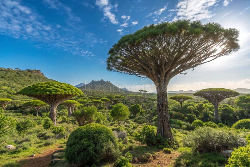 Majestic Dragon Trees Under a Vibrant Sky Stock Illustration ...
