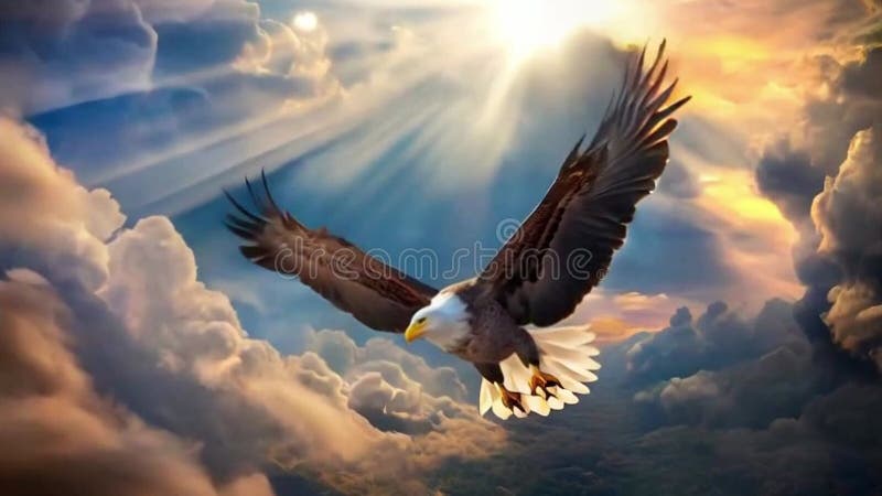 Majestic Eagle Soaring Over Snow-Covered Village at Sunset in the Swiss ...