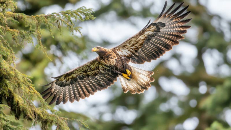 Majestic Eagle in Flight through Evergreen Forest Stock Illustration ...