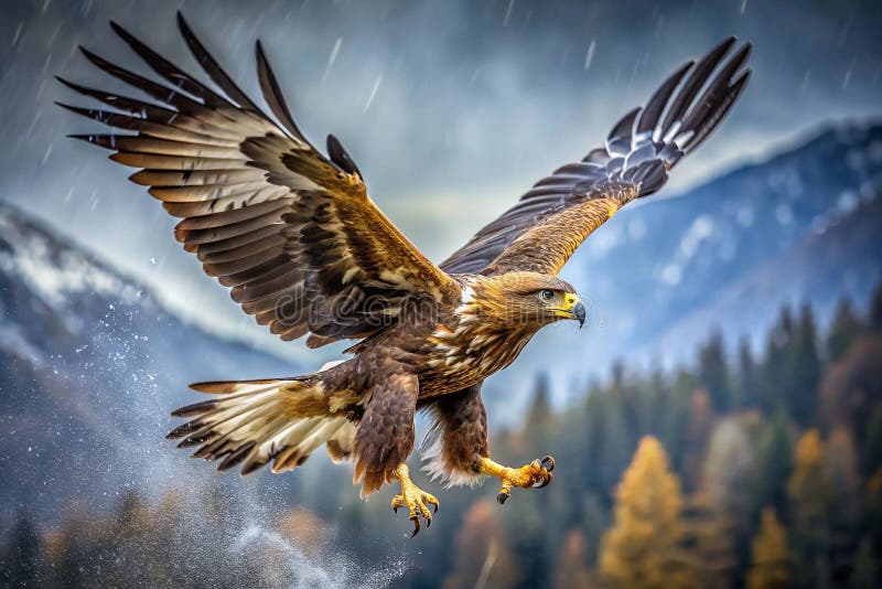 Majestic Eagle in Flight, Landing in Mountain Rain Stock Illustration ...