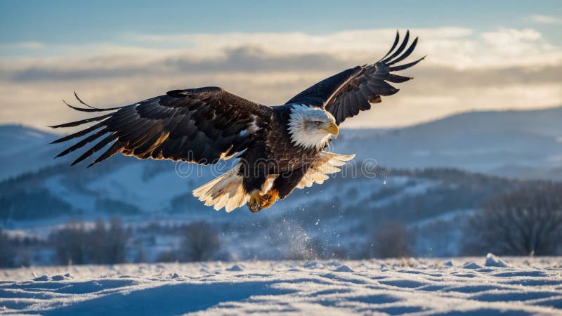 Majestic Bald Eagle in Flight Over Snowy Landscape Stock Illustration ...