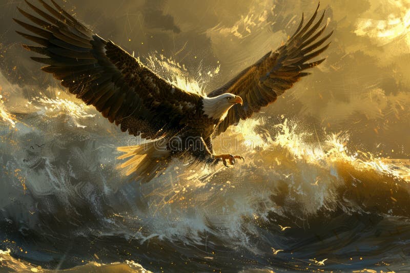 Majestic Eagle in Flight Over Stormy Sea Waves at Sunset with Dramatic ...
