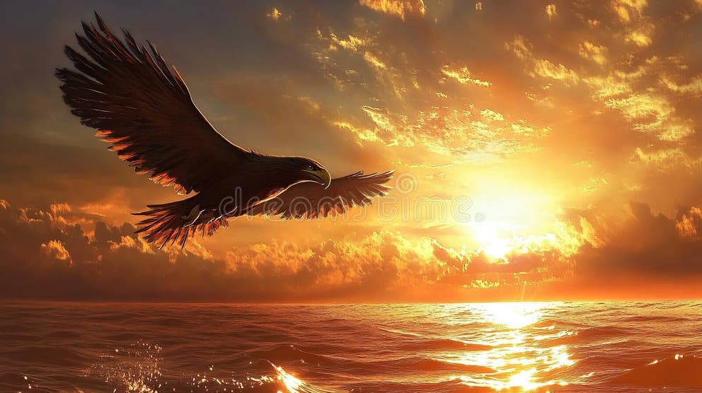 Majestic Eagle in Flight at Sunset Over Ocean Stock Image - Image of water, eagle: 364362999