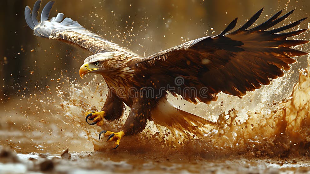 Majestic Eagle in Flight, Talons Extended, Splashing Muddy Water Stock ...