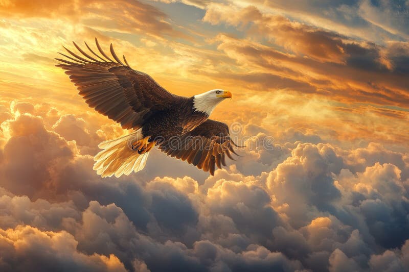 Majestic Eagle is Flying High in the Sky, Surrounded by Fluffy Clouds Stock Image - Image of ...
