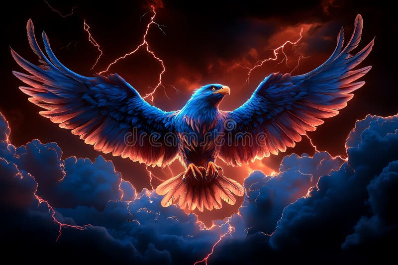 Majestic Eagle with Glowing Wings Soaring through Dramatic Storm Clouds ...