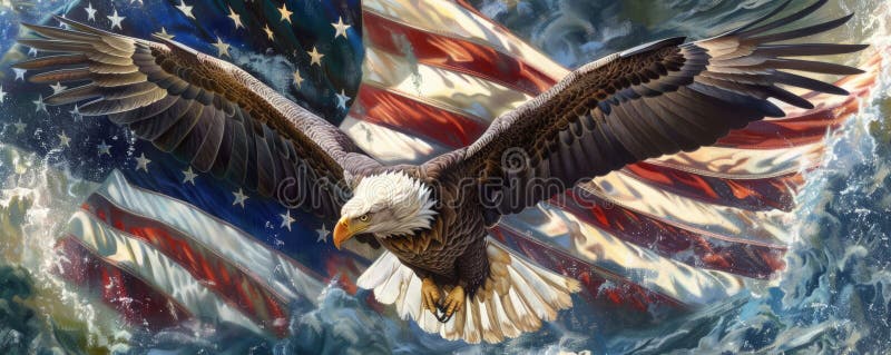 A Majestic Eagle in Mid-flight with a Wavy American Flag Creating a ...