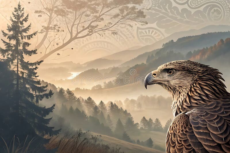 Majestic Eagle Overlooking a Misty Forest at Sunrise Stock Illustration ...