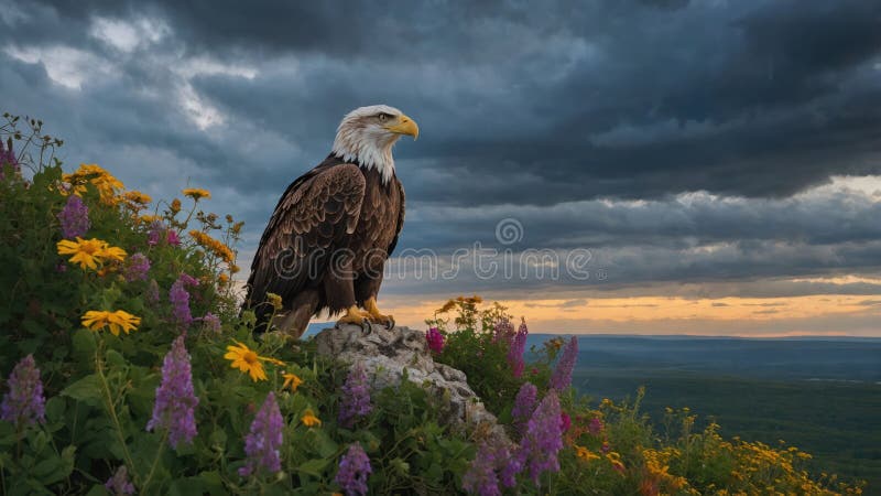 Majestic Bald Eagle Perched on a Rocky Outcrop Amidst Vibrant Wildflowers, Sunset Landscape ...