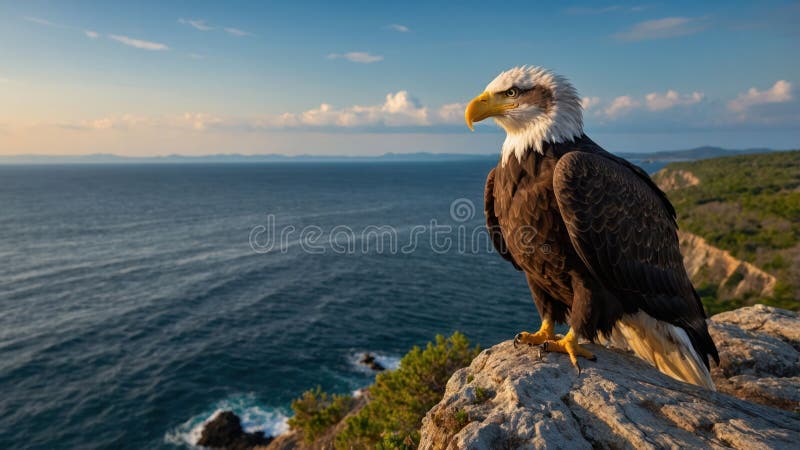 A Majestic Eagle Perched on a Rocky Cliff Overlooking the Ocean at ...