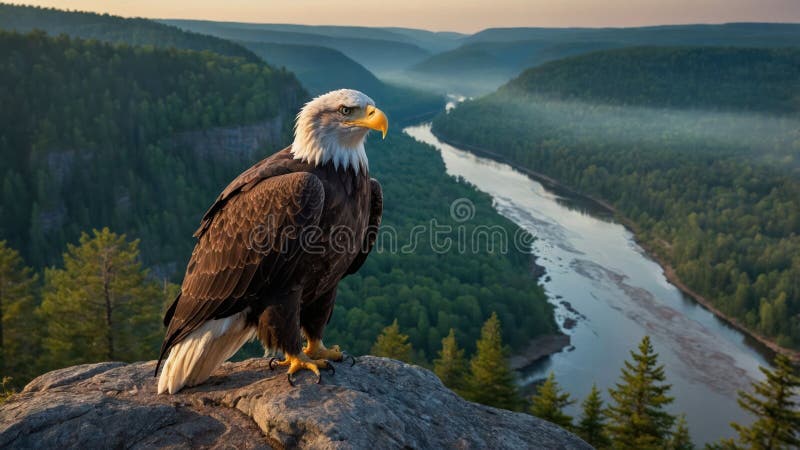 A Majestic Eagle Perches on a Cliff Overlooking a Serene River Valley ...