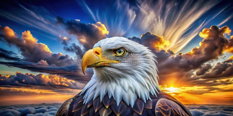 Majestic Eagle Portrait at Sunset Over Dramatic Cloudscape. Generative AI Stock Illustration ...