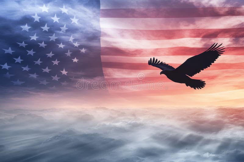 Majestic Eagle Silhouette Soaring Against a Dramatic American Flag Sky ...