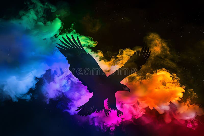 Majestic Eagle Silhouette Soaring through Vibrant Rainbow Clouds Stock Illustration ...