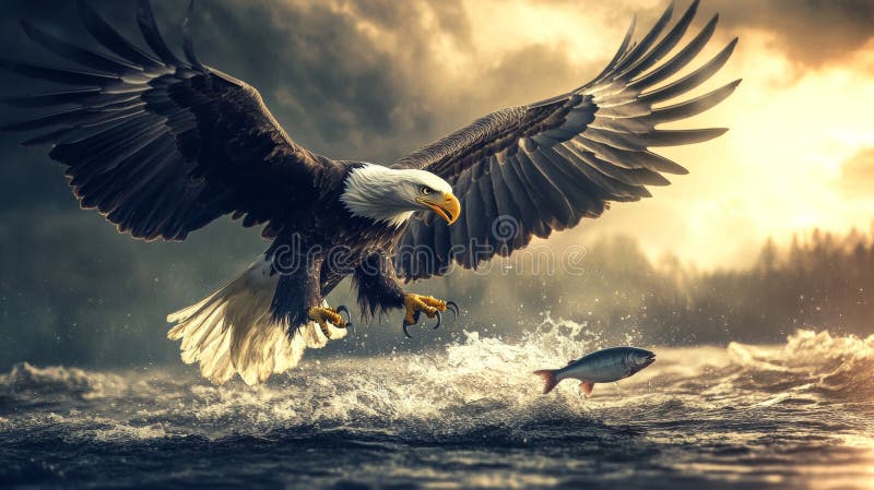 A Majestic Eagle Skillfully Dives To Capture a Fish from the Sparkling ...