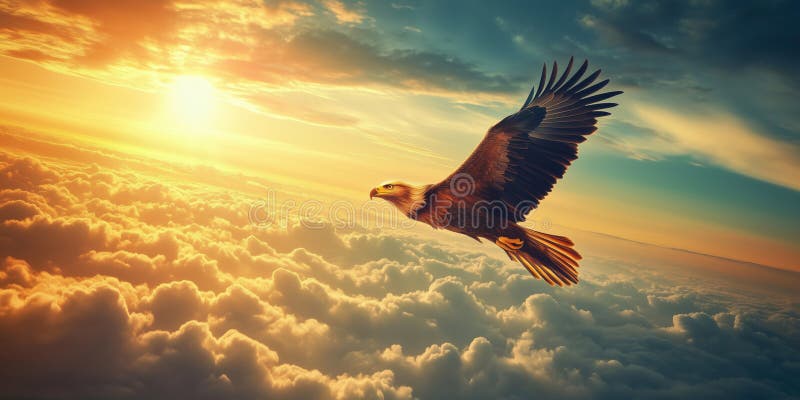 Majestic Eagle Soaring Above Clouds during Sunset with Vibrant Sky Colors Stock Photo - Image of ...