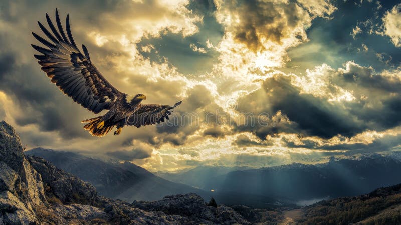 Majestic Eagle Soaring Above Dramatic Landscape with Clouds and Sunlight Splitting through ...