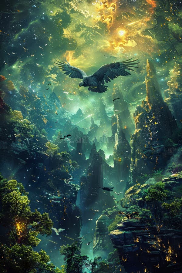Majestic Eagle Soaring Above Enchanted Misty Forest with Luminous Fireflies and Ancient Towering ...