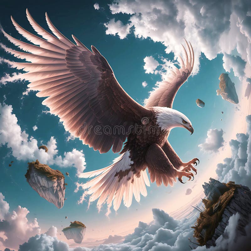 Majestic Eagle Soaring Above Floating Islands in the Clouds. Stock ...