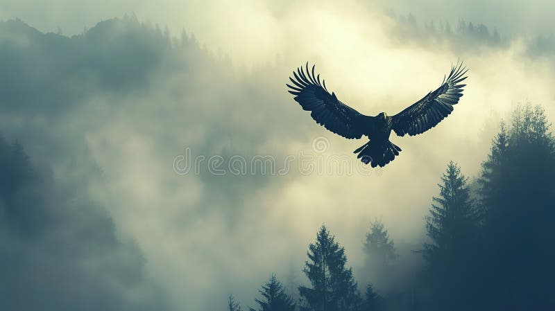 Majestic Eagle Soaring Above Misty Mountain Forest Stock Photo - Image ...