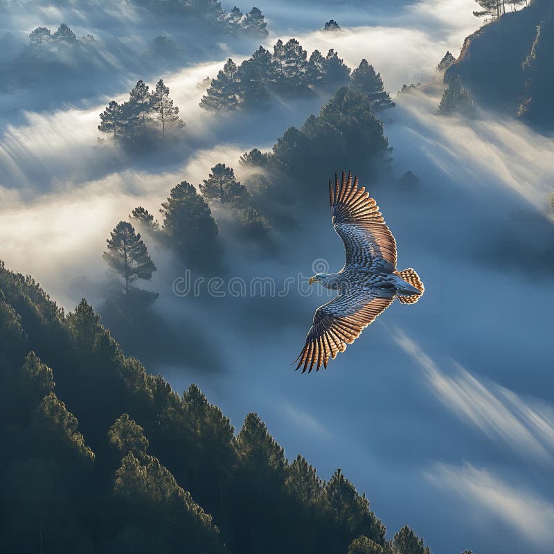 Majestic Eagle Soaring Above Misty Mountain Forest Landscape at Dawn ...