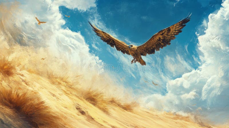 Majestic Eagle Soaring Above Sand Dunes Under a Vivid Blue Sky Stock Illustration - Illustration ...