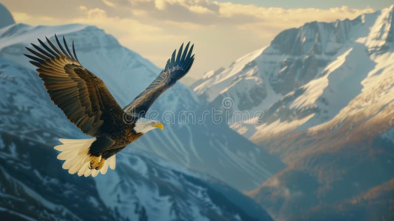 Majestic Eagle Soaring Above Snow-Capped Mountains Stock Illustration - Illustration of altitude ...