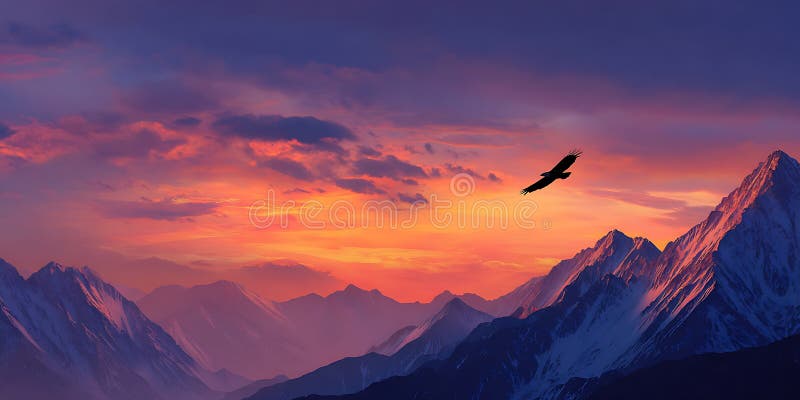 Majestic Eagle Soaring Above Sunset Mountains Panoramic Landscape Stock ...