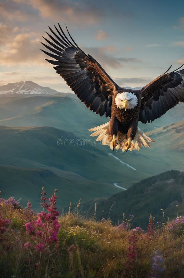 Majestic Bald Eagle Soaring Above Mountainous Landscape at Sunrise ...