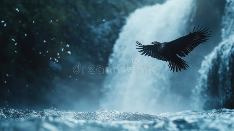 Majestic Eagle Soaring Above a Waterfall Stock Illustration ...