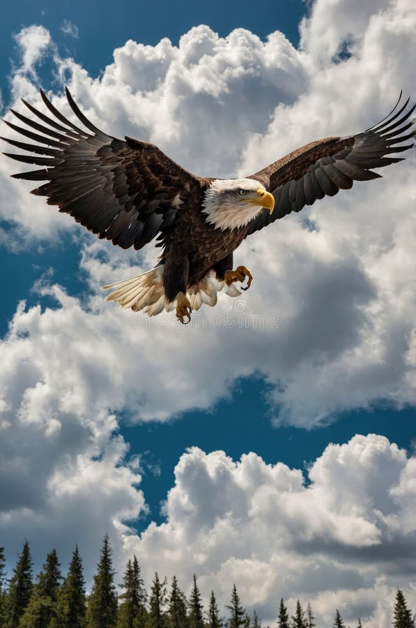 Majestic Bald Eagle Soaring through Fluffy Clouds, Majestic Flight Stock Illustration ...