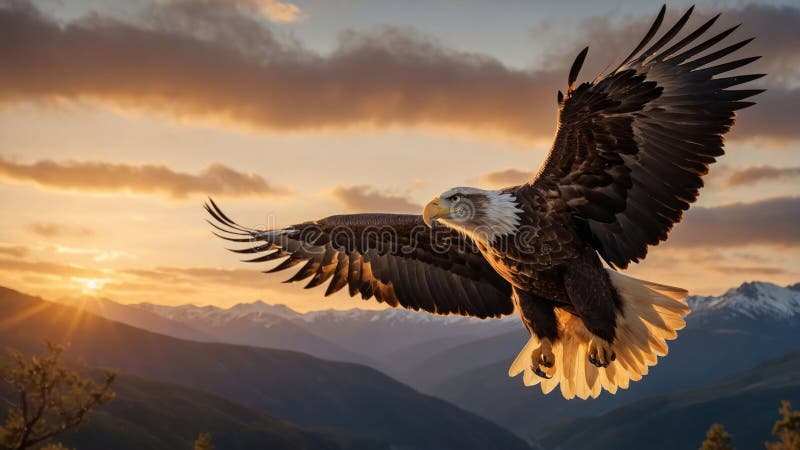 Majestic Bald Eagle Soaring at Golden Sunset Over Mountain Range Stock Illustration ...
