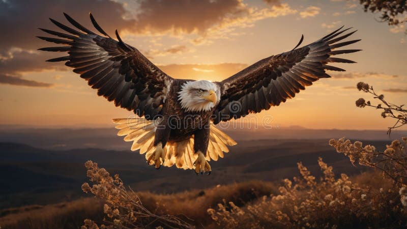 Majestic Bald Eagle Soaring at Sunset Over Mountain Landscape Stock Illustration - Illustration ...